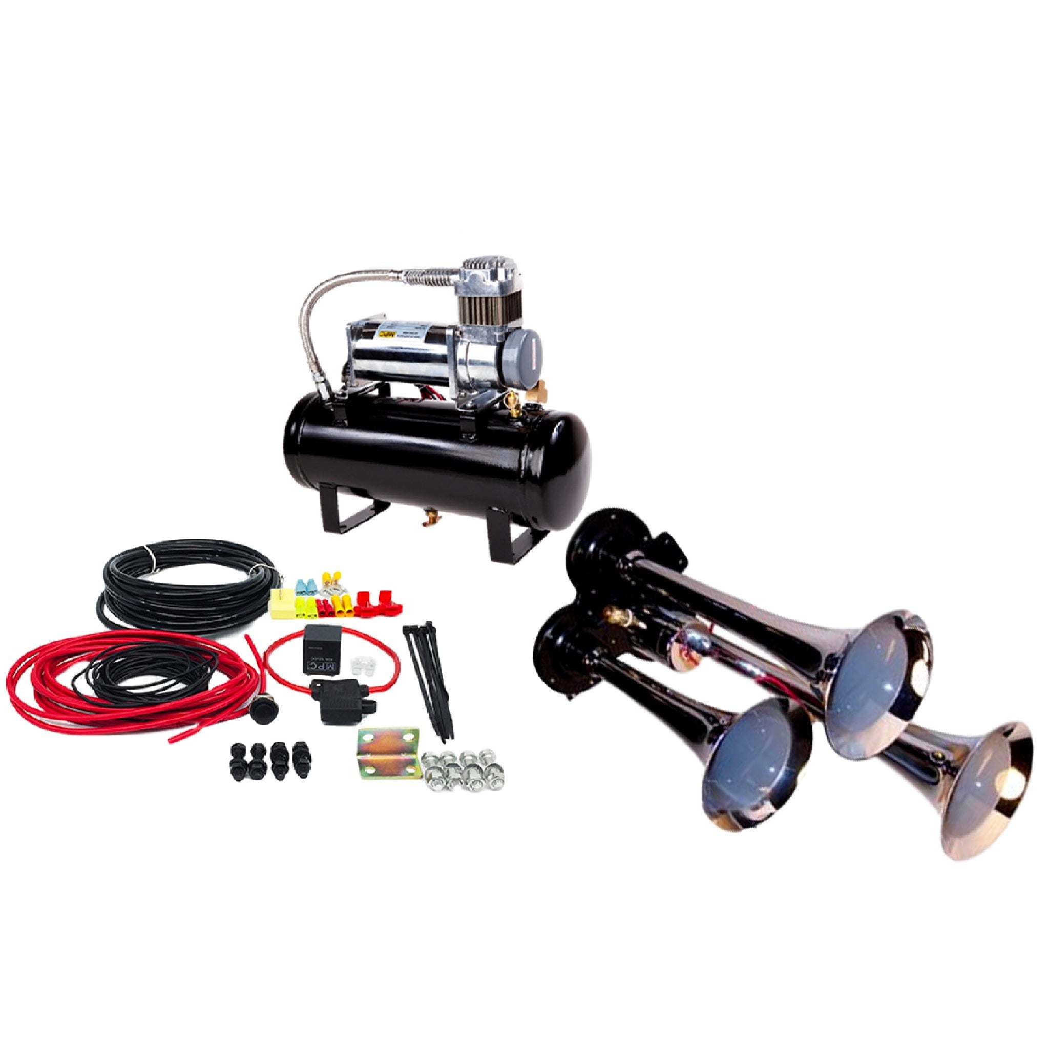 Train Air Horn Kit; Three-Trumpets with 12-Volt Heavy Duty 150 PSI ...